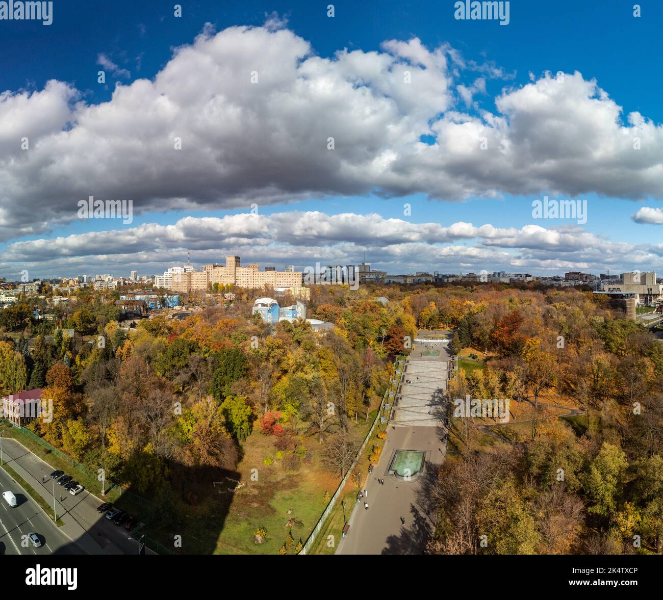 Aerial autumn Cascade stairs with fountain. Tourist attraction in ...