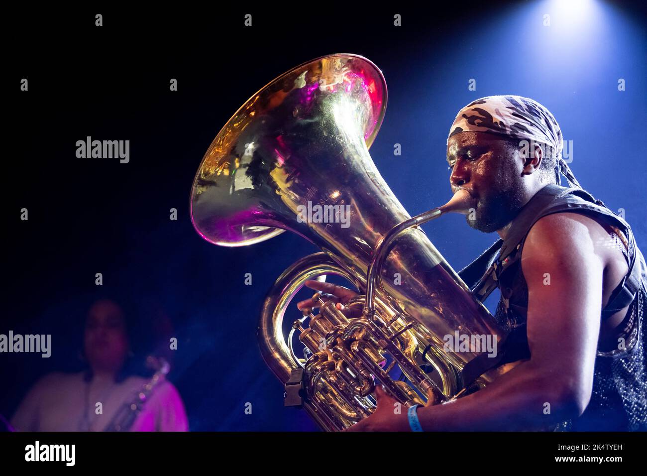 Theon Cross perfoms at the Montreux Jazz Festival, on July 12, 2022, in ...