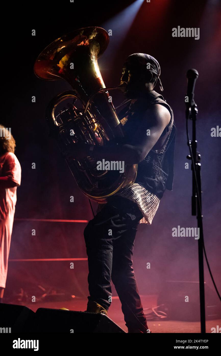 Theon Cross perfoms at the Montreux Jazz Festival, on July 12, 2022, in ...