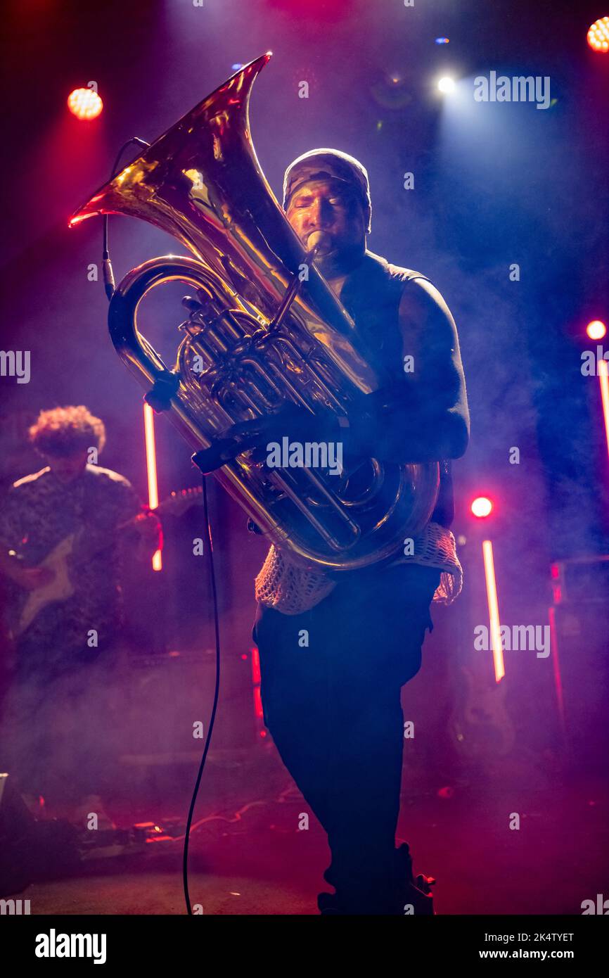 Theon Cross perfoms at the Montreux Jazz Festival, on July 12, 2022, in ...