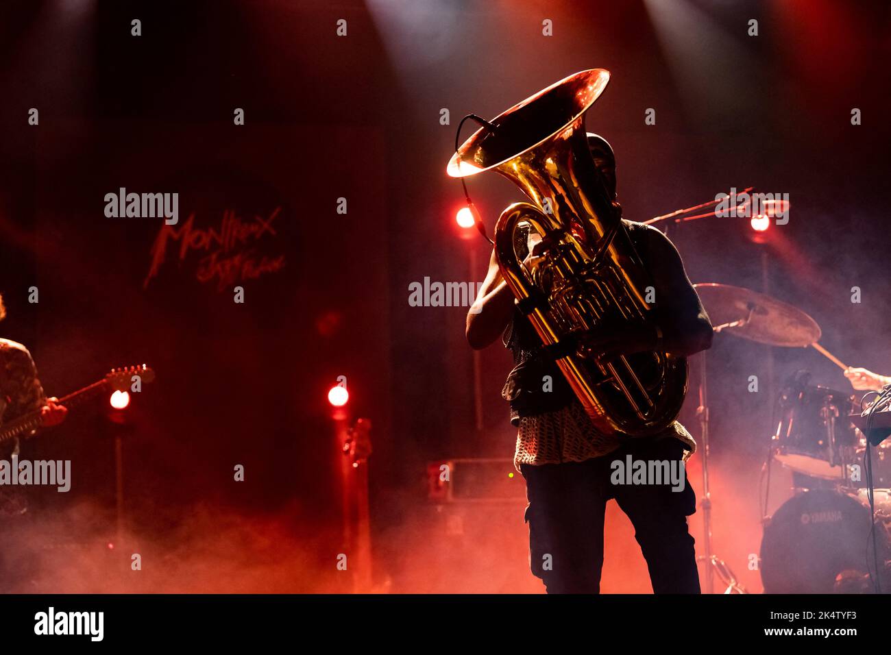 Theon Cross perfoms at the Montreux Jazz Festival, on July 12, 2022, in ...