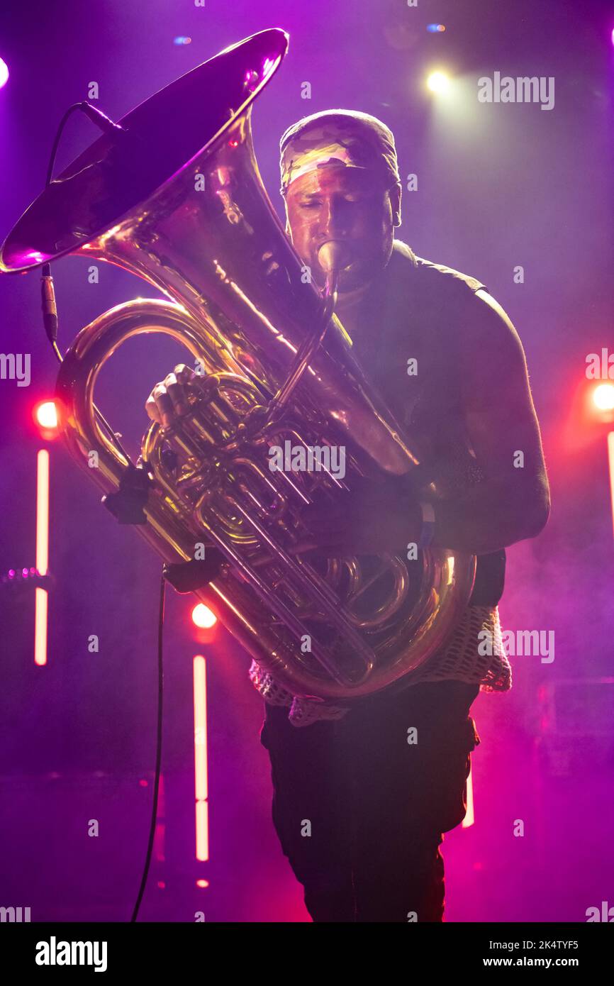 Theon Cross perfoms at the Montreux Jazz Festival, on July 12, 2022, in ...