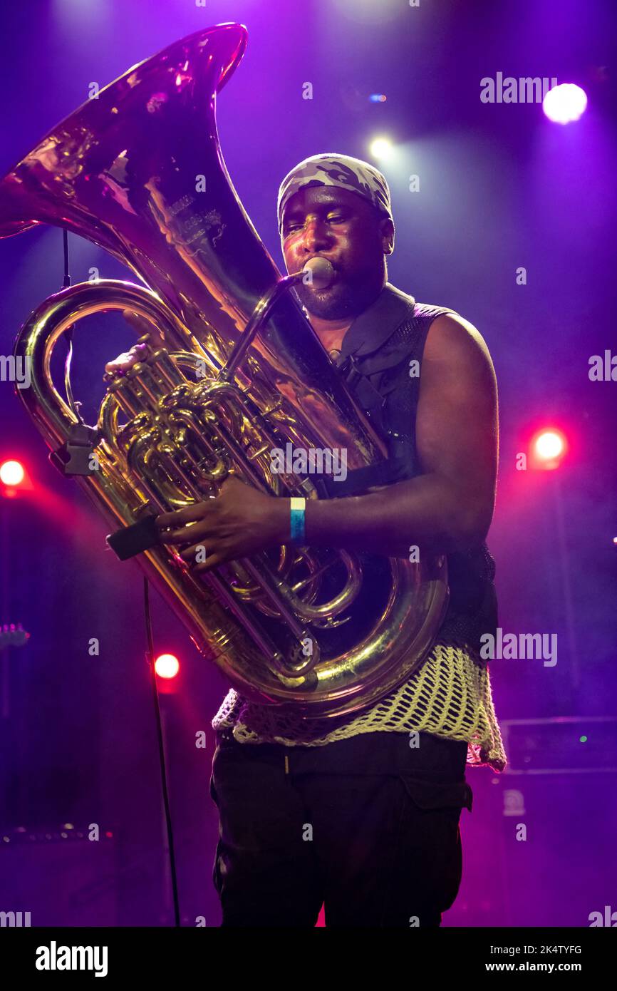 Theon Cross perfoms at the Montreux Jazz Festival, on July 12, 2022, in ...