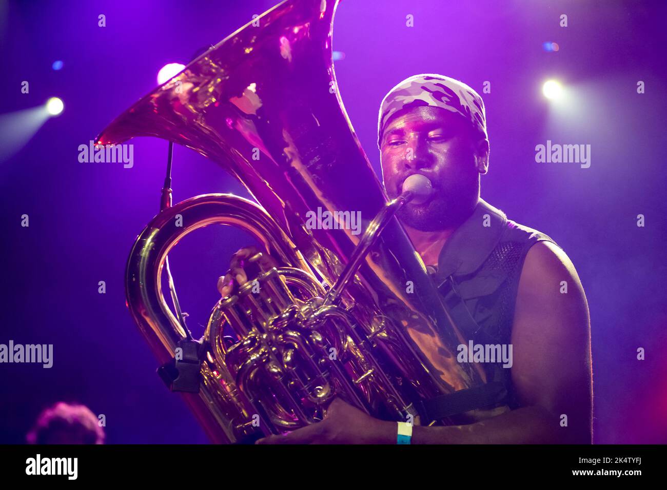 Theon Cross perfoms at the Montreux Jazz Festival, on July 12, 2022, in ...