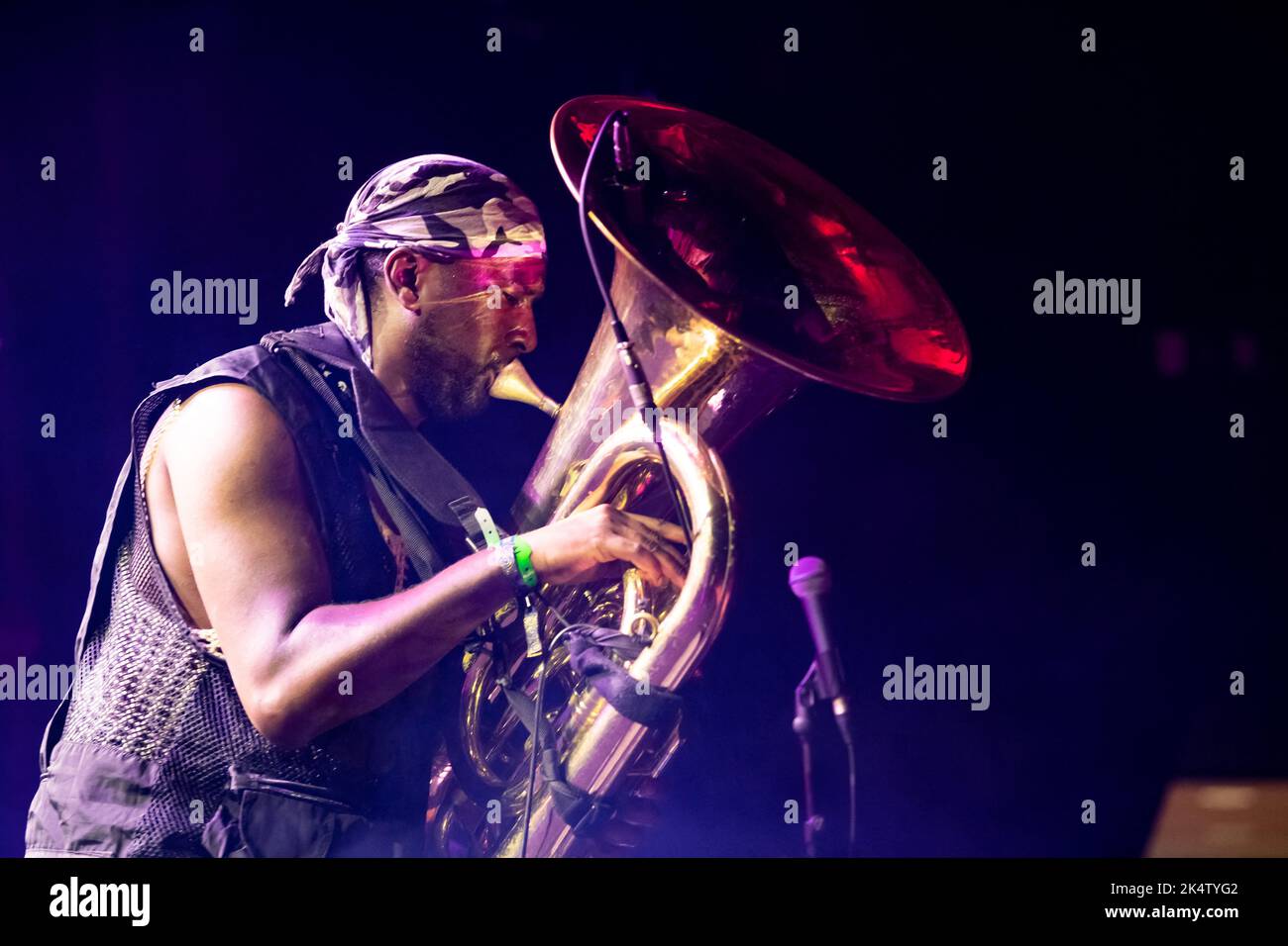 Theon Cross perfoms at the Montreux Jazz Festival, on July 12, 2022, in ...