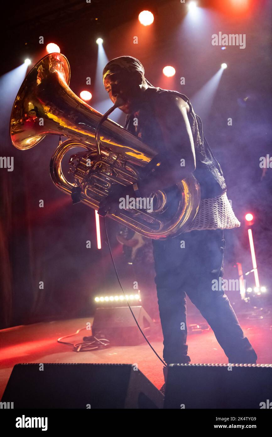 Theon Cross perfoms at the Montreux Jazz Festival, on July 12, 2022, in ...