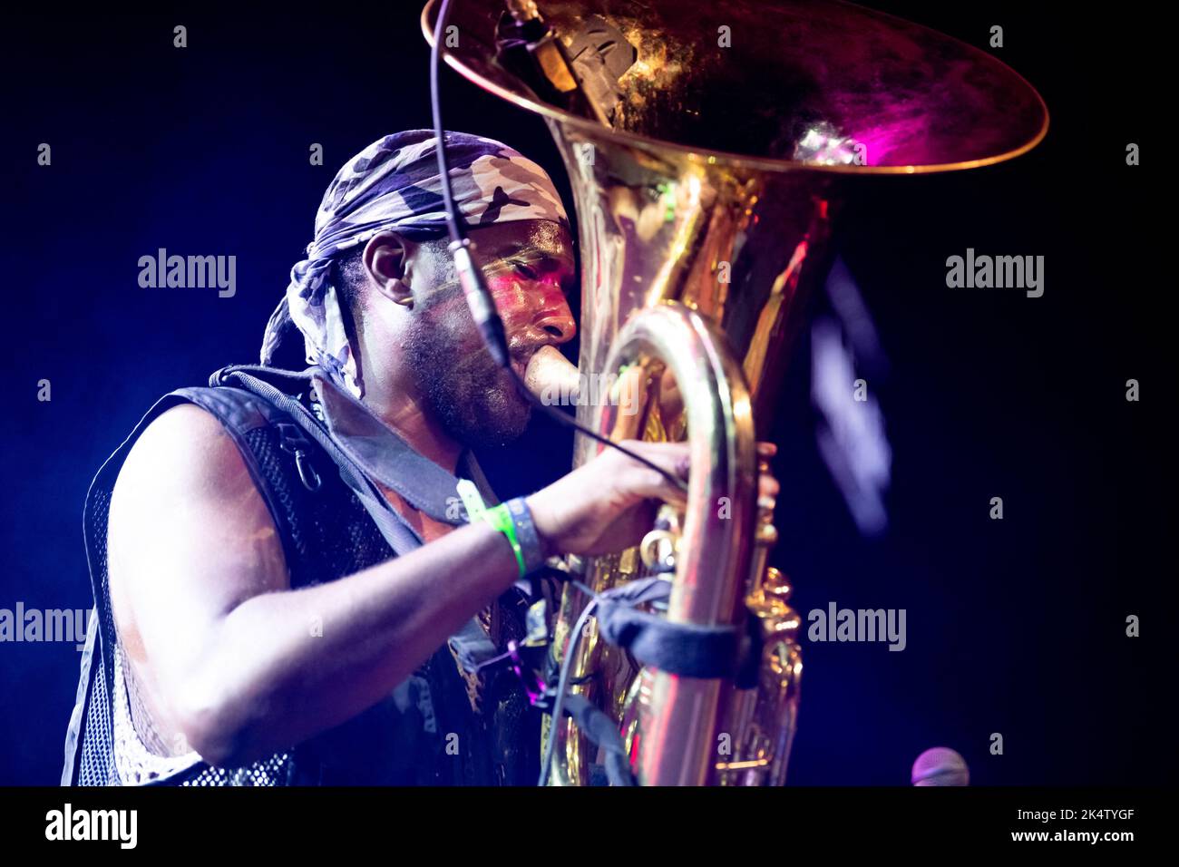 Theon Cross perfoms at the Montreux Jazz Festival, on July 12, 2022, in ...