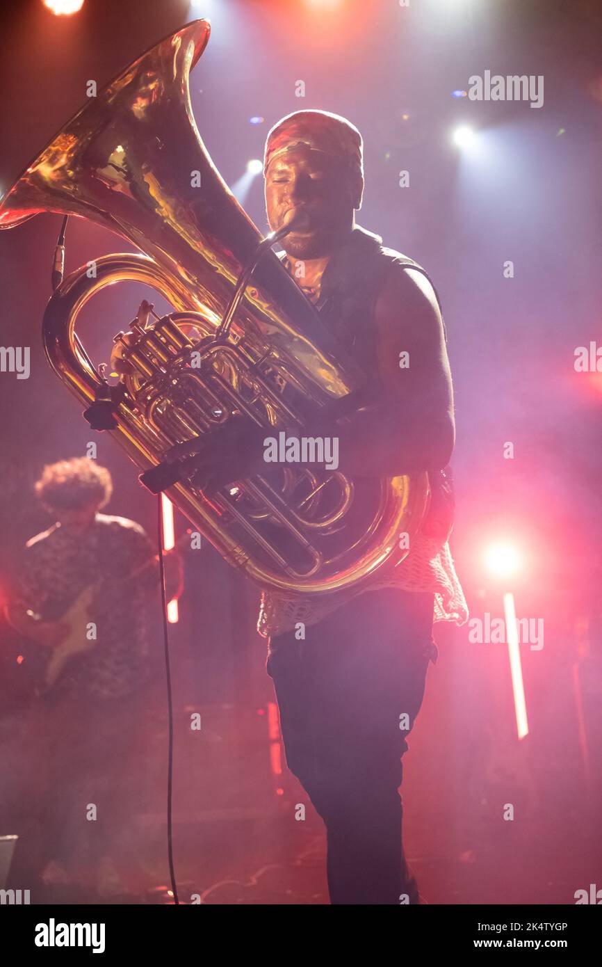 Theon Cross perfoms at the Montreux Jazz Festival, on July 12, 2022, in ...