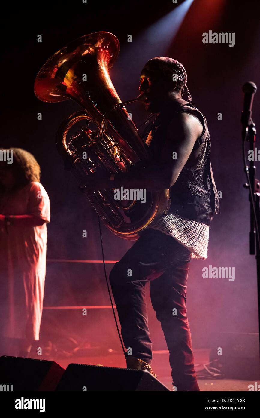 Theon Cross perfoms at the Montreux Jazz Festival, on July 12, 2022, in ...