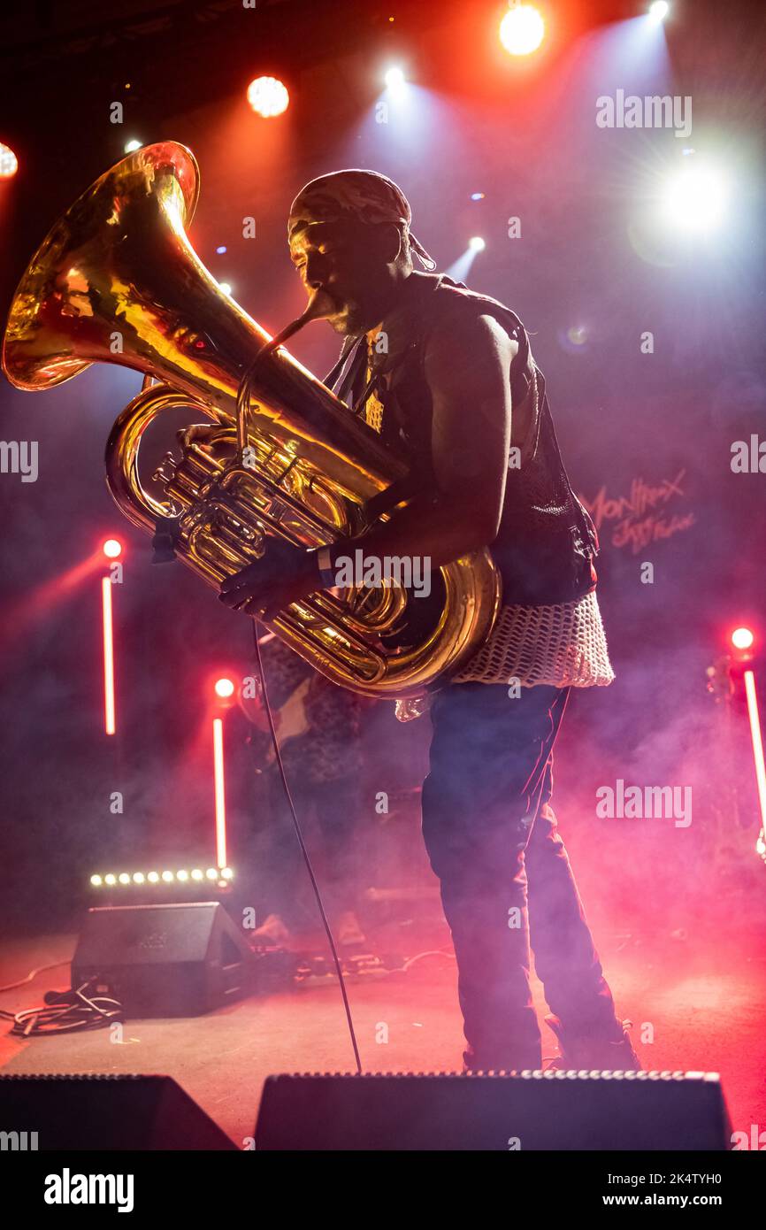 Theon Cross perfoms at the Montreux Jazz Festival, on July 12, 2022, in ...