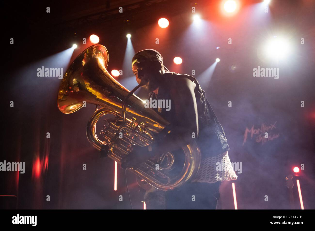Theon Cross perfoms at the Montreux Jazz Festival, on July 12, 2022, in ...