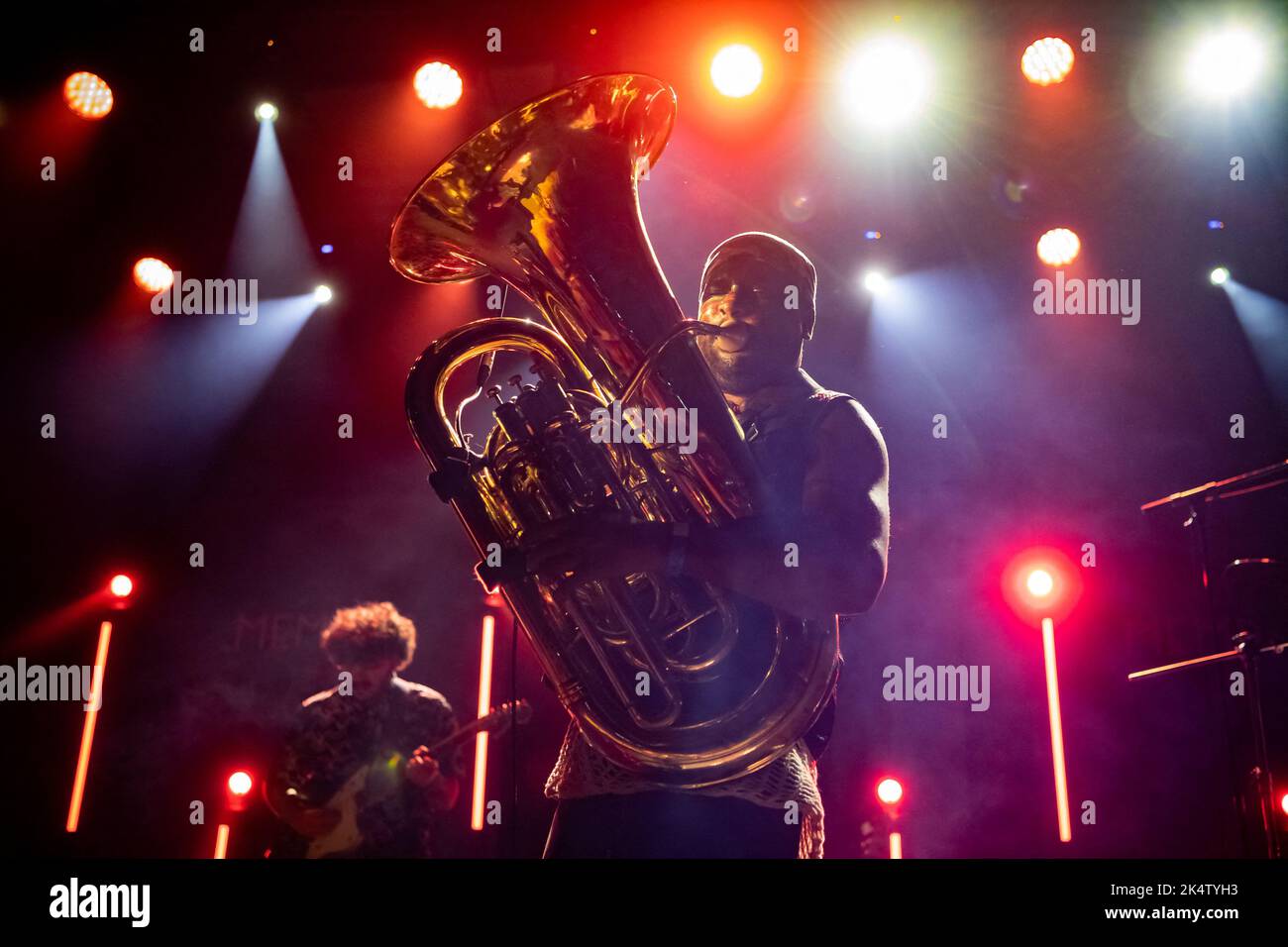 Theon Cross perfoms at the Montreux Jazz Festival, on July 12, 2022, in ...