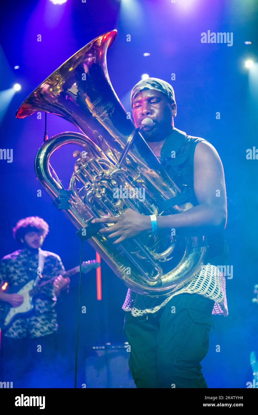 Theon Cross perfoms at the Montreux Jazz Festival, on July 12, 2022, in ...