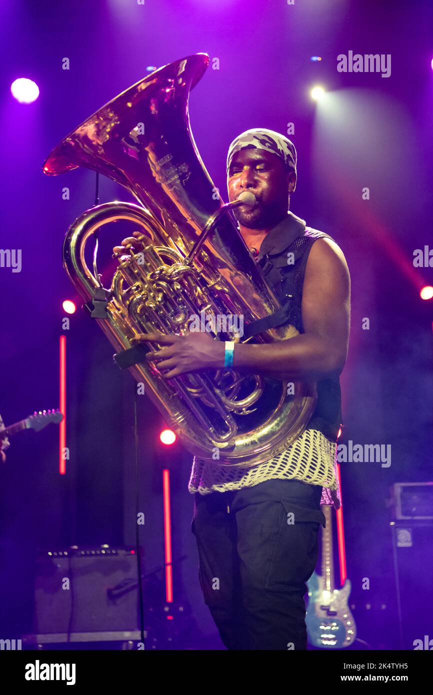 Theon Cross perfoms at the Montreux Jazz Festival, on July 12, 2022, in ...