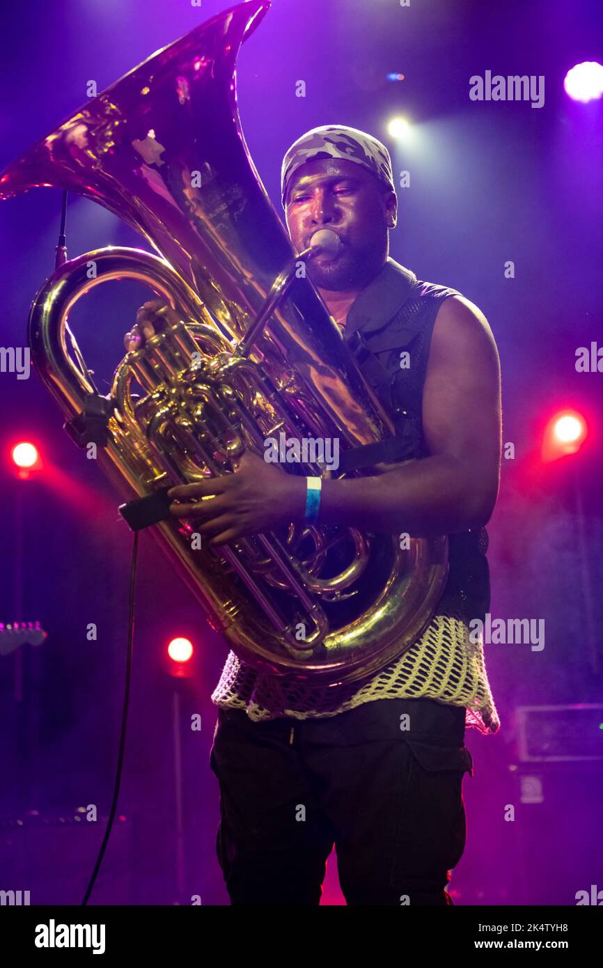 Theon Cross perfoms at the Montreux Jazz Festival, on July 12, 2022, in ...