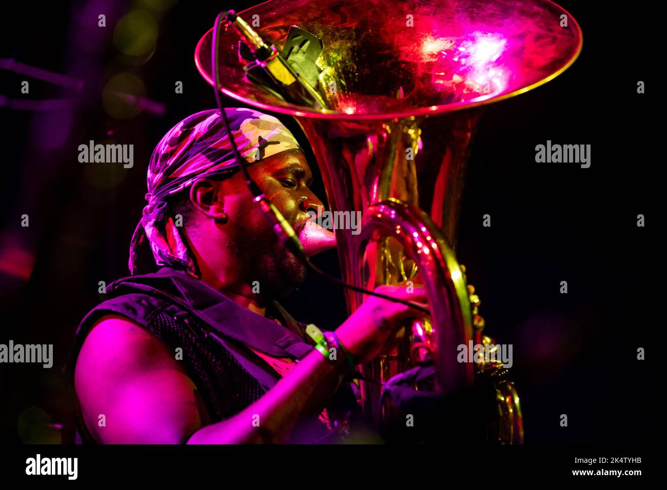 Theon Cross perfoms at the Montreux Jazz Festival, on July 12, 2022, in ...