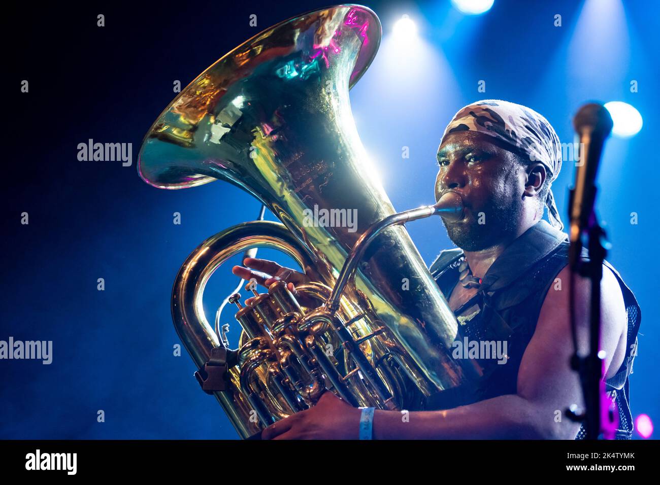 Theon Cross perfoms at the Montreux Jazz Festival, on July 12, 2022, in ...
