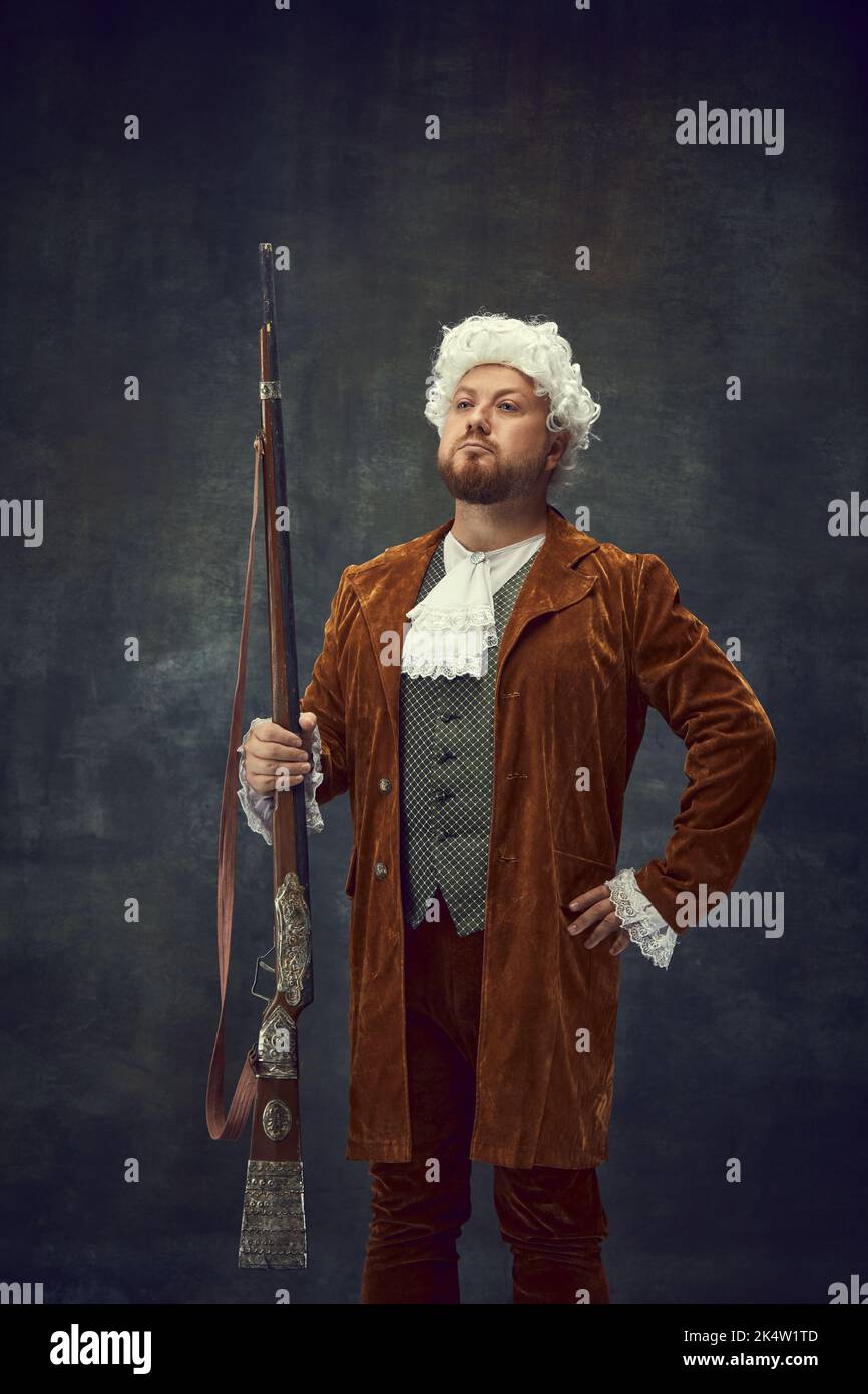 Nobleman, medieval royal person in vintage hunting clothing with old ...