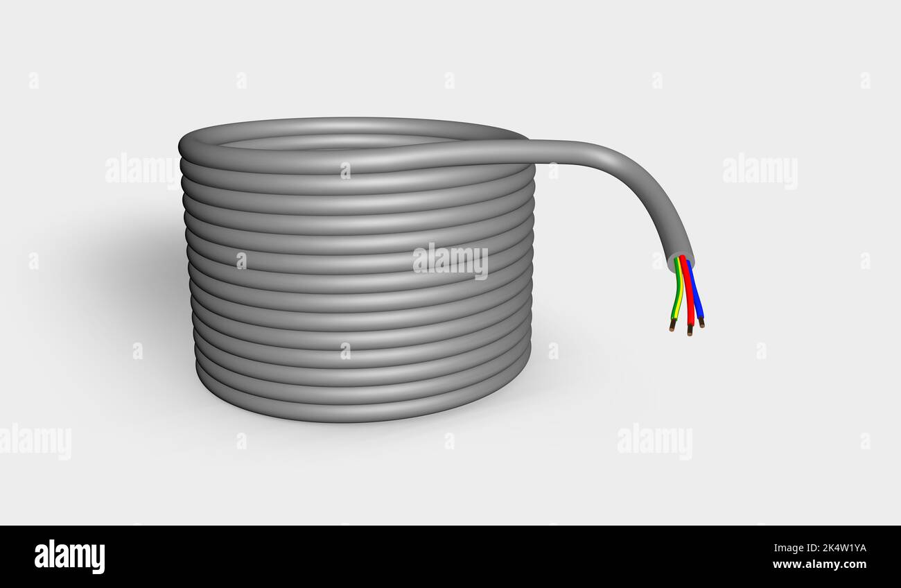 3D rendering of the coiled coil of a three-pole electrical cable Stock ...