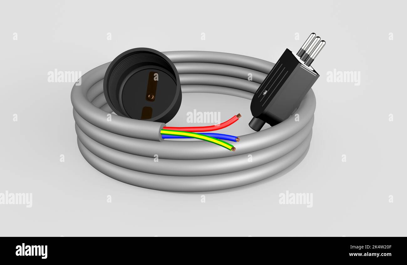 3D rendering of the spiral of a three-pole electric cable with plug ...