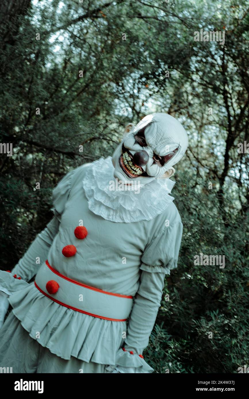 a blurred scary evil clown, wearing a gray costume with ruffles, red ...