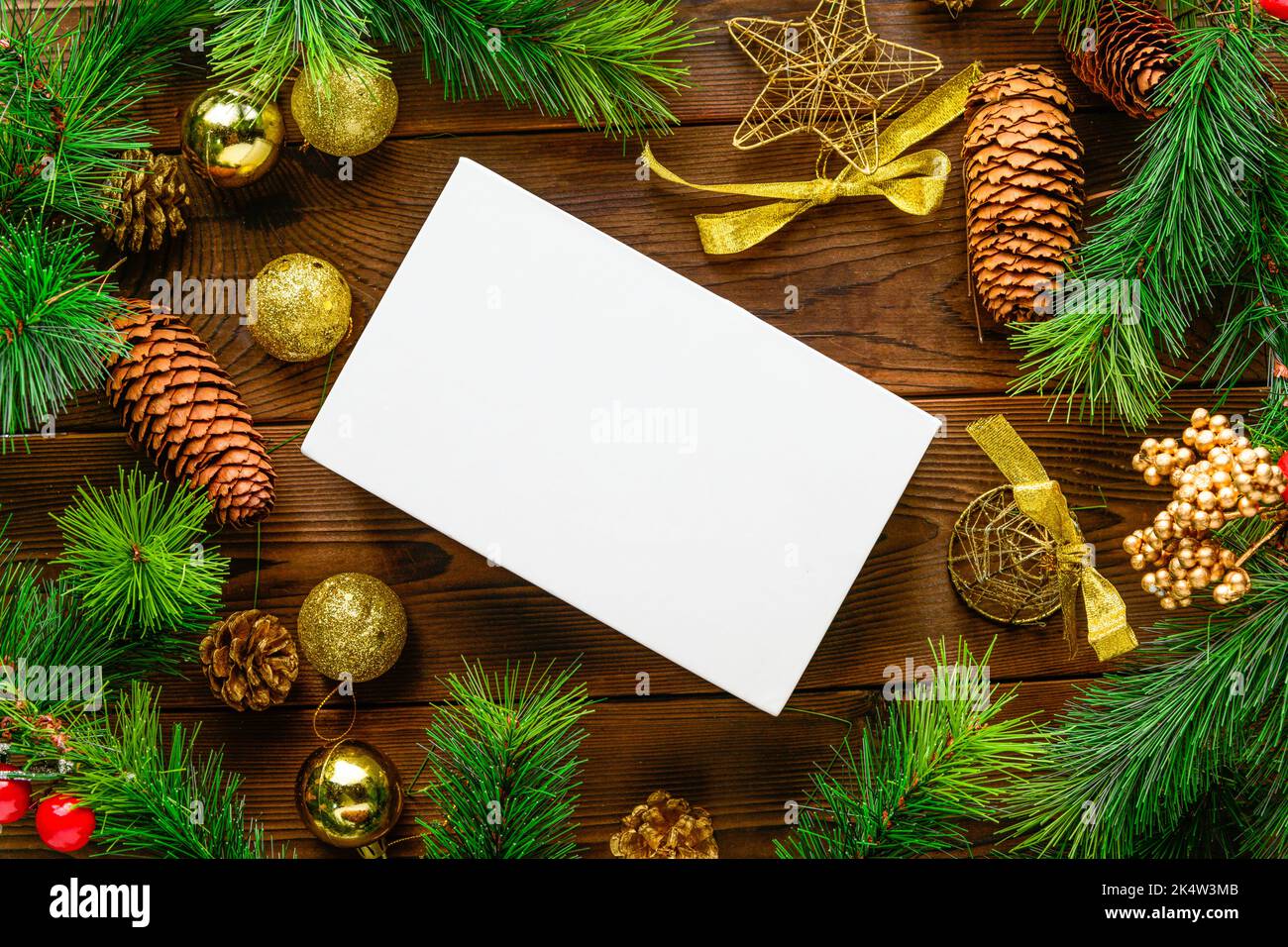 A beautiful Christmas background with beautiful ornaments and a blank ...