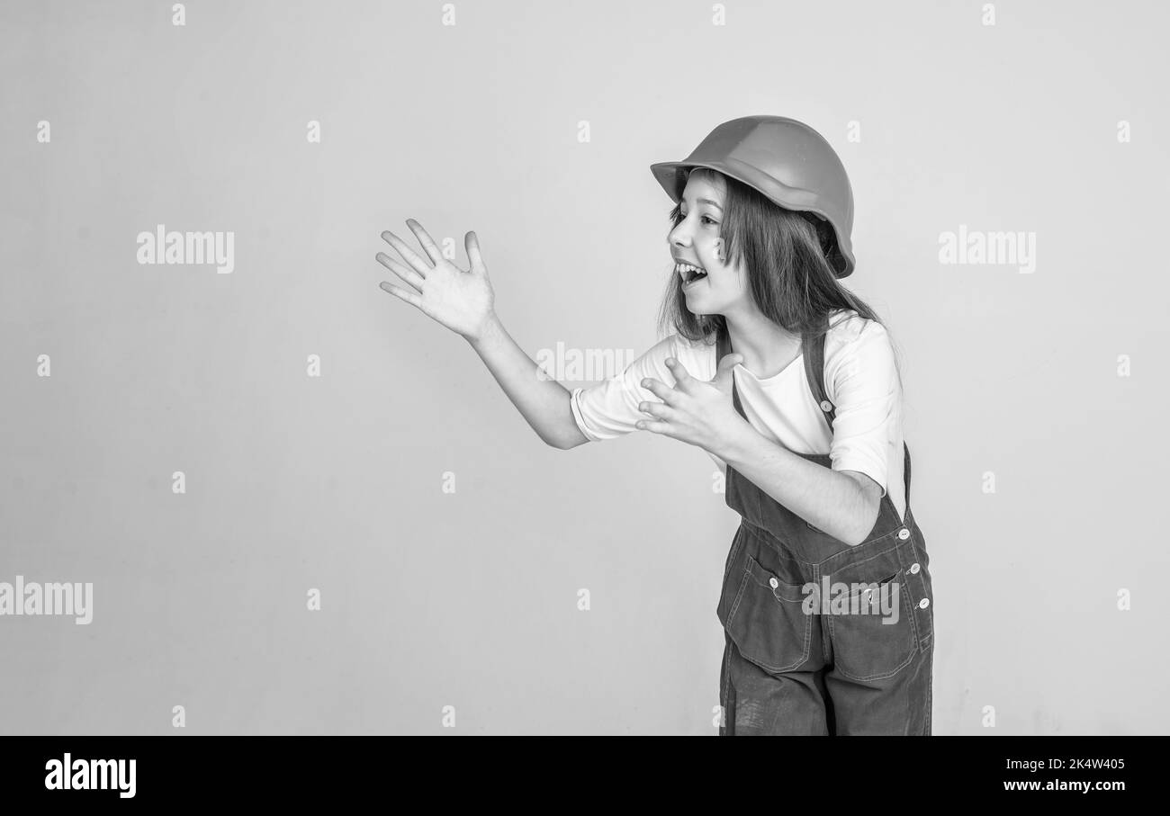 building and construction. child architect worker. engineer on grey ...