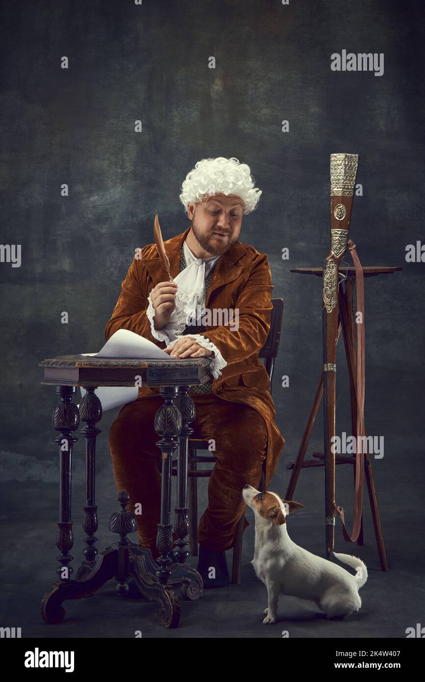 Invitation to hunting. Vintage portrait of young man in brown vintage ...