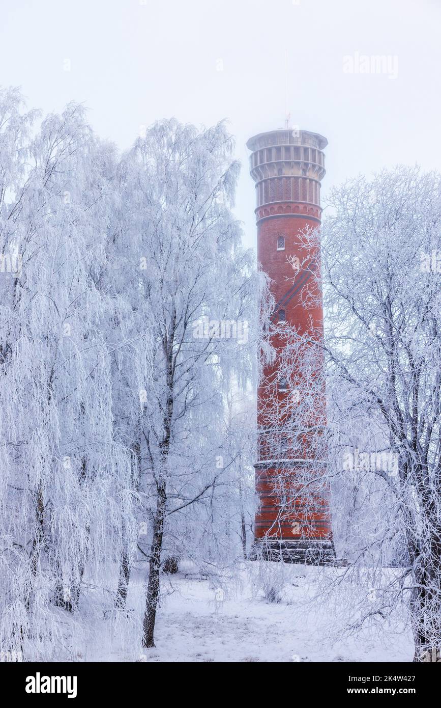 Old lookout tower in a frosty forest Stock Photo - Alamy