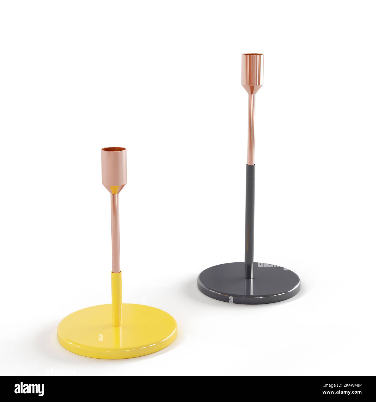 A closeup of yellow and black metal candlesticks isolated in white ...