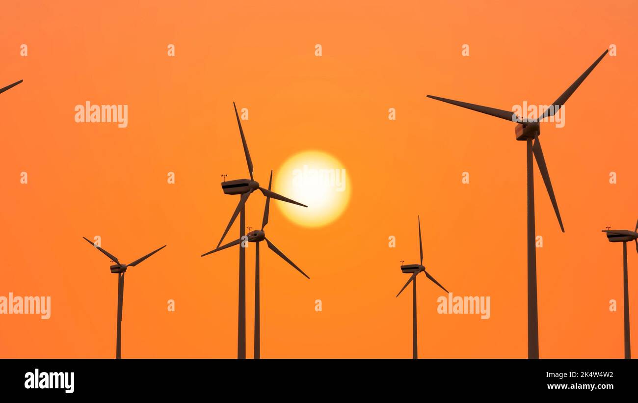 A 3d rendering of wind turbines on orange sunset sky background with ...