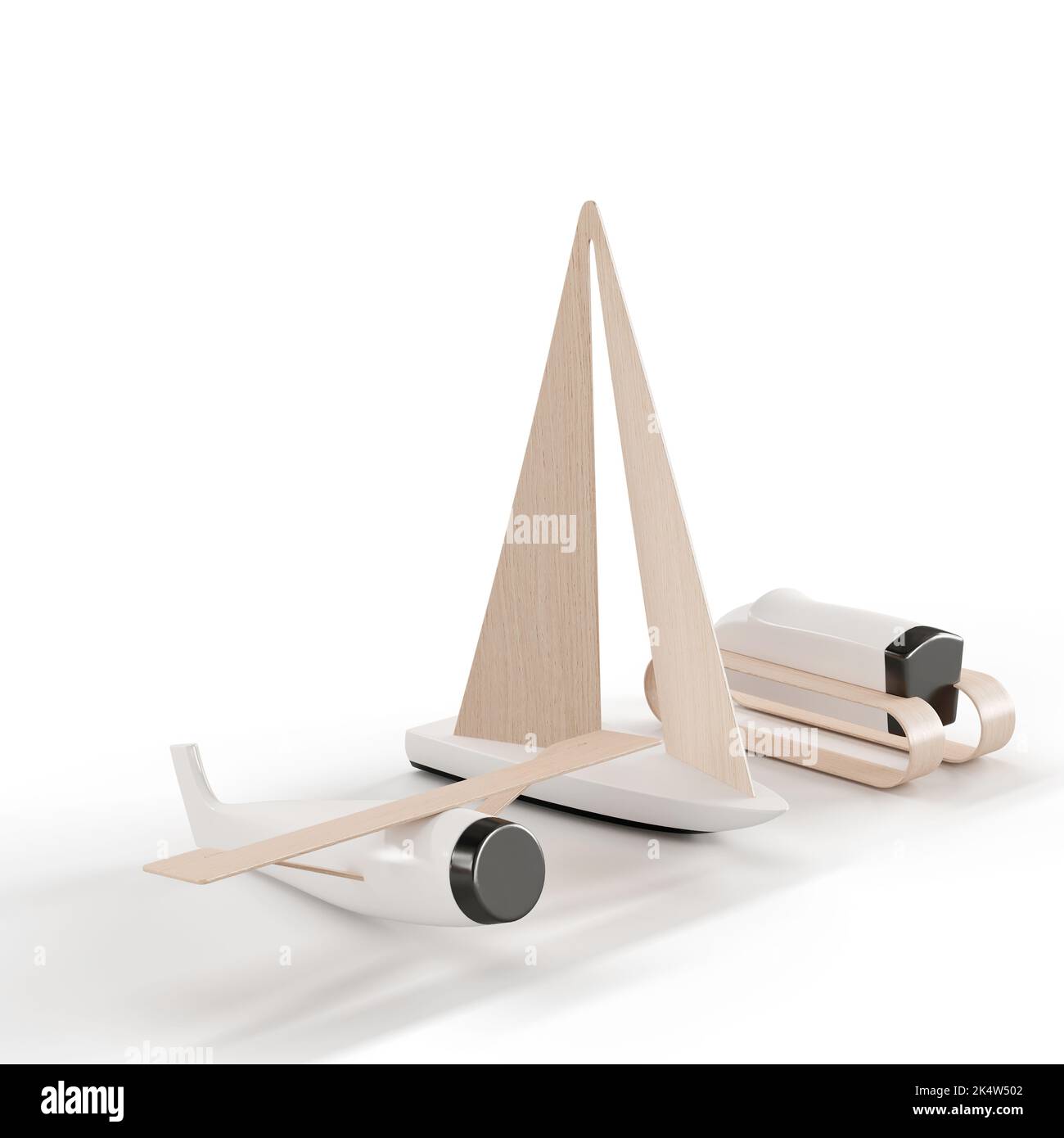 A closeup of solid wooden sculpture of bulldozer, airplane and sailboat ...