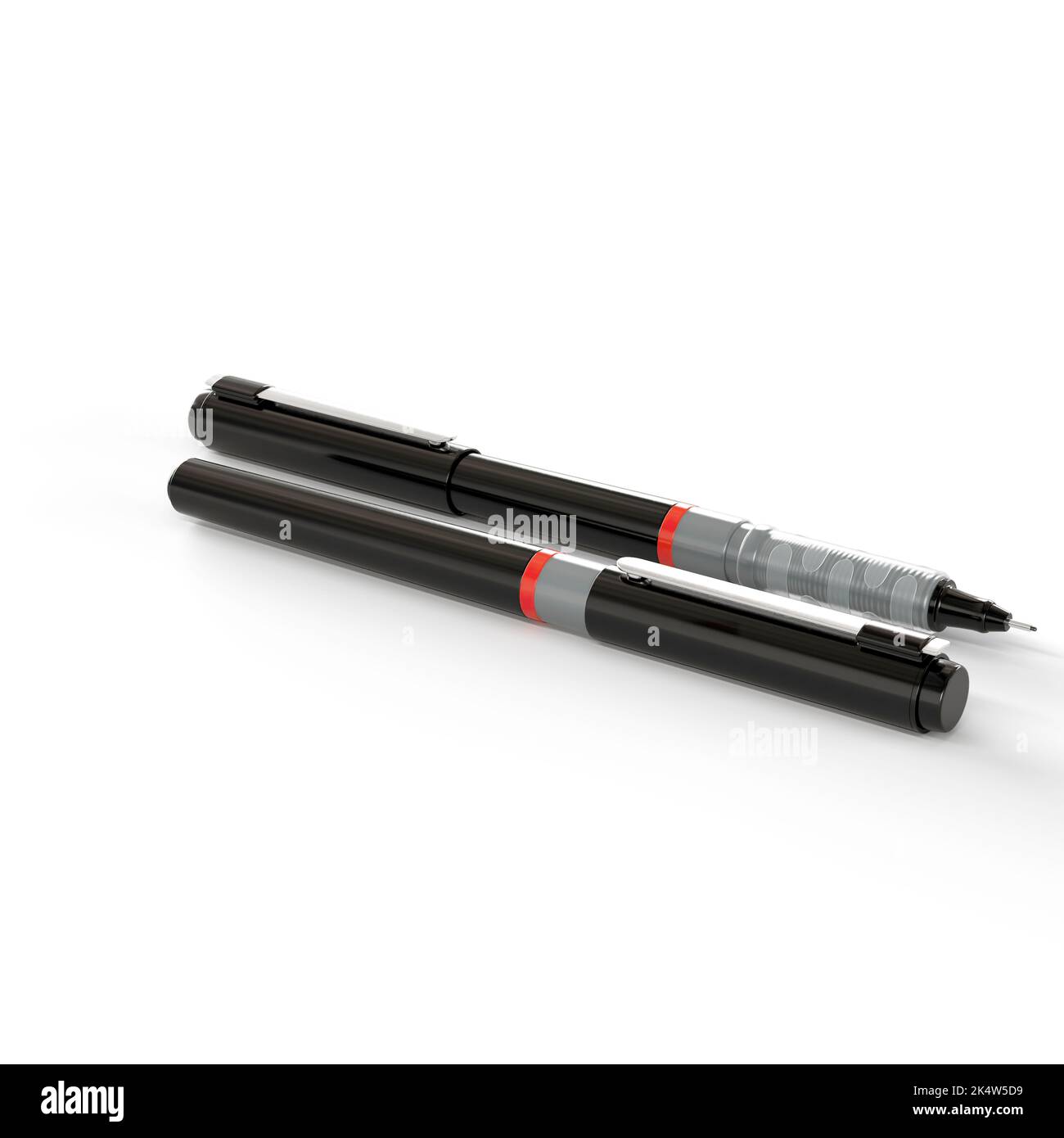 The computer-generated 3d realistic black pens isolated on a vertical ...