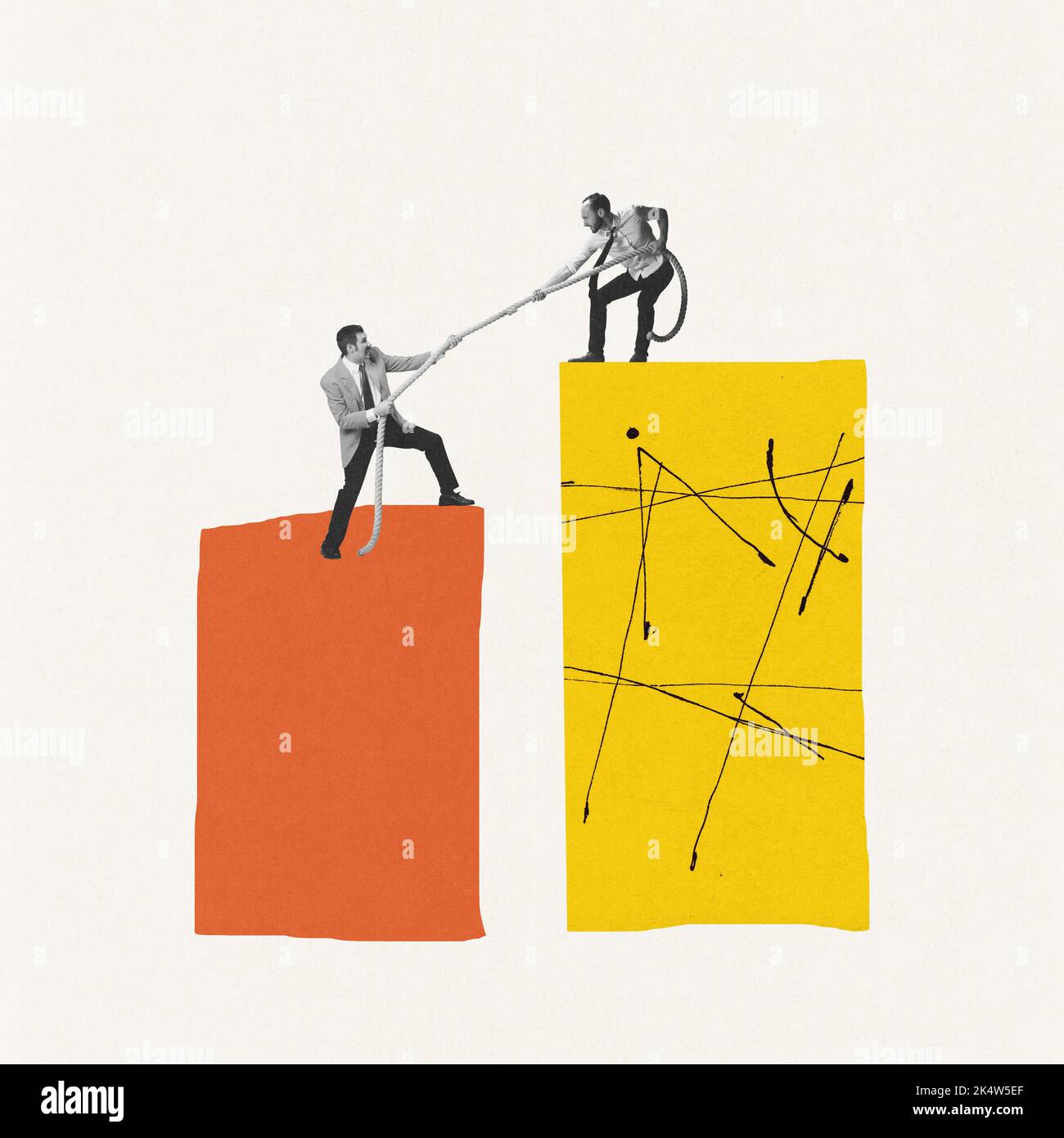 Creative design. Contemporary art collage. Two businessman pulling rope ...