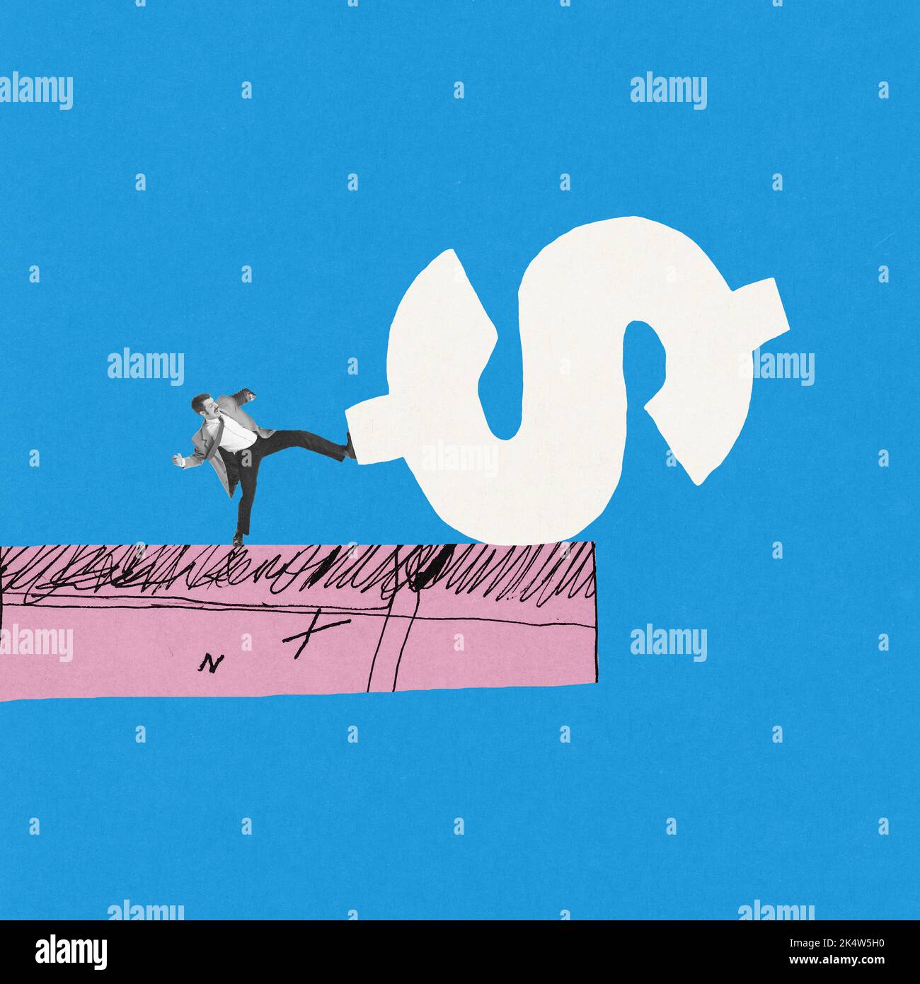 Creative design. Contemporary art collage. Businessman hitting, pushing ...
