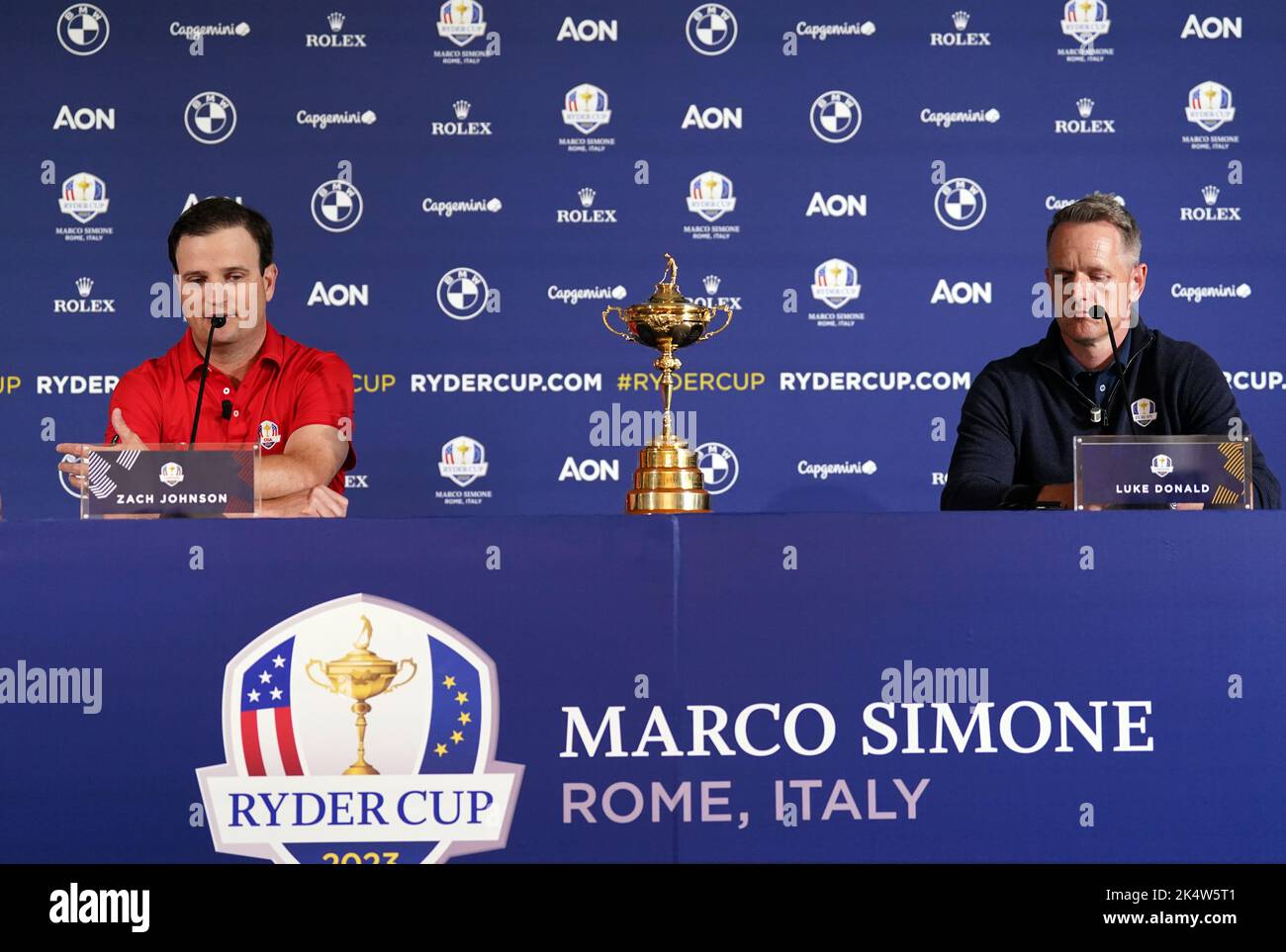 European Ryder Cup captain Luke Donald (right) with USA captain Zach ...