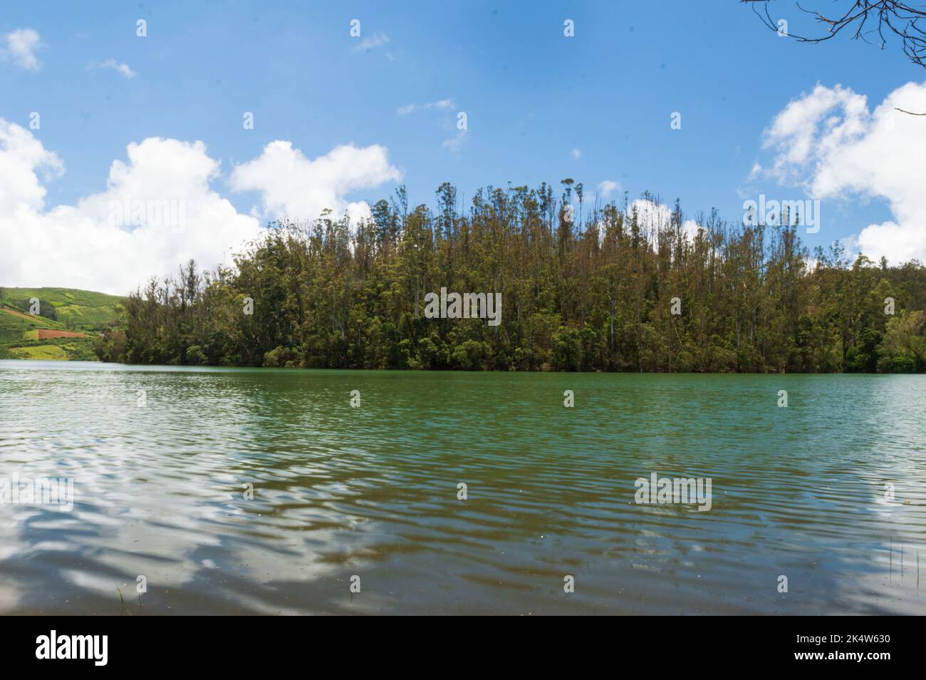 Scenic Ooty Lake, blue and white sky, reflection visible in water ...