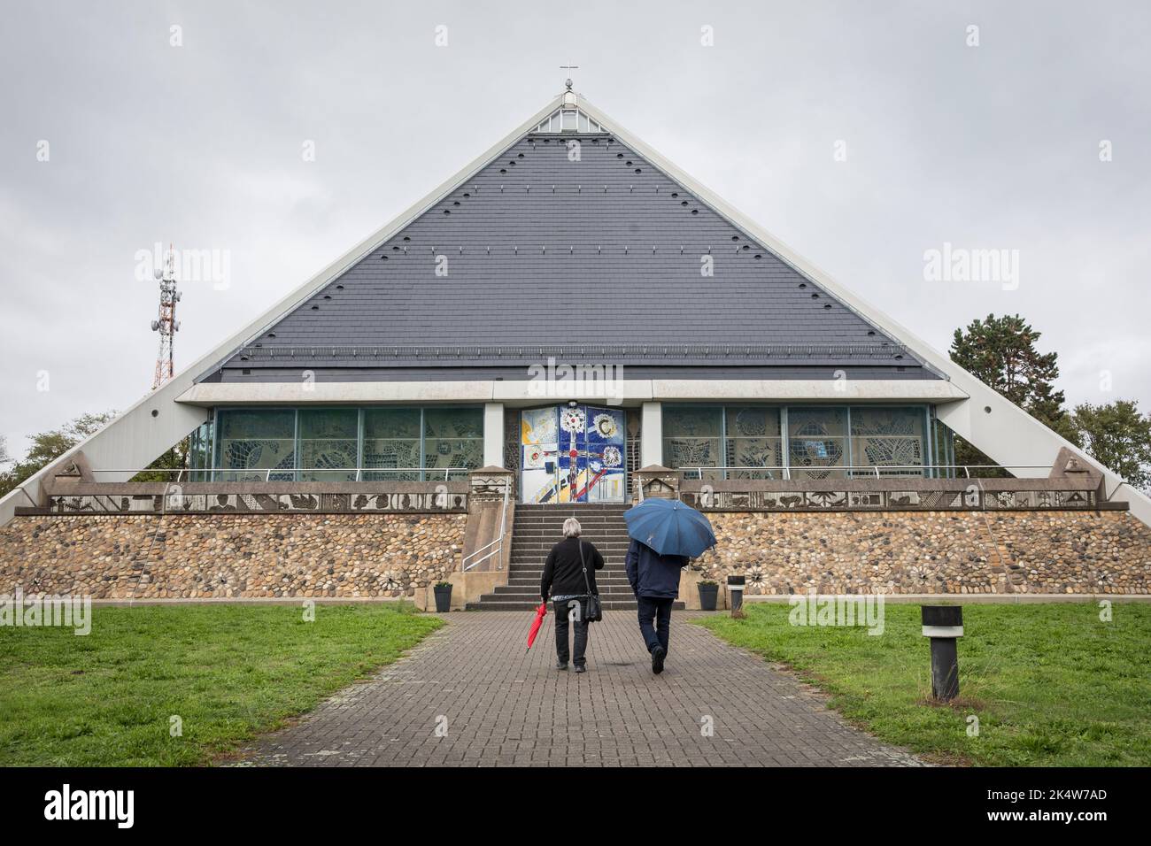 the pyramid shape church St. Christopher on the A5 freeway near Baden ...