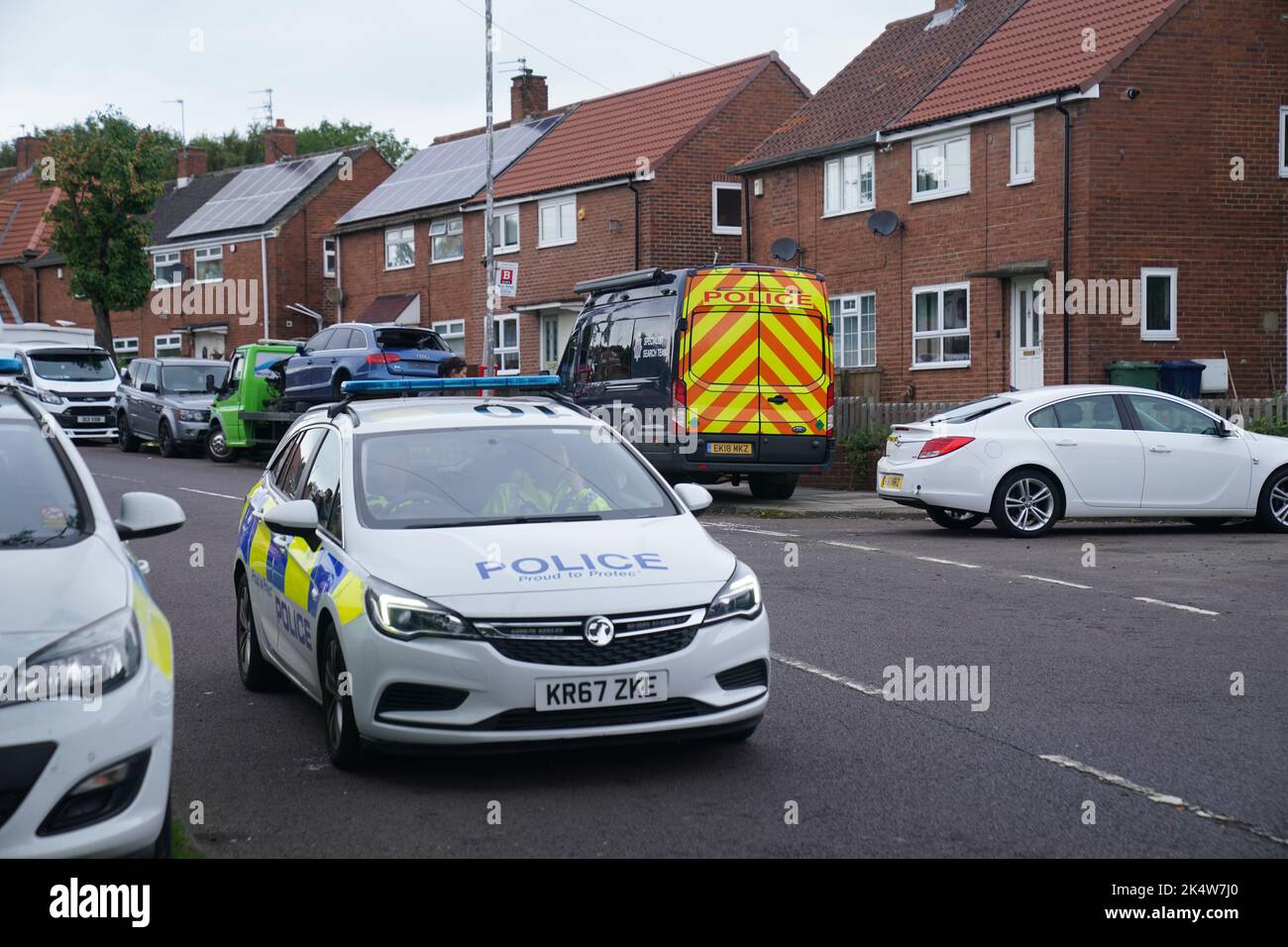 Police vehicles at the scene on Aycliffe Crescent, Gateshead, where a ...