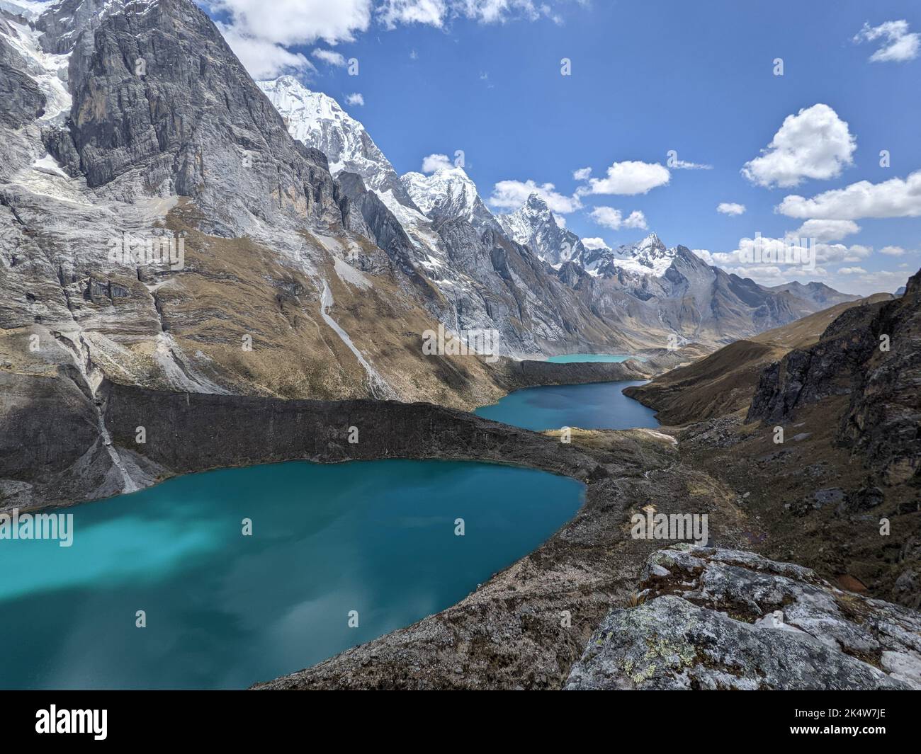 A scenic view of the rocky Cordillera Huayhuash hiking circuit with its ...