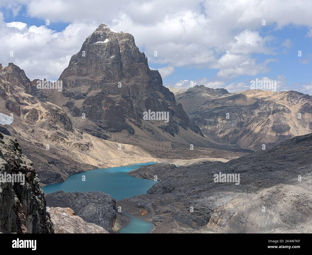 A scenic view of the rocky Cordillera Huayhuash hiking circuit with its ...