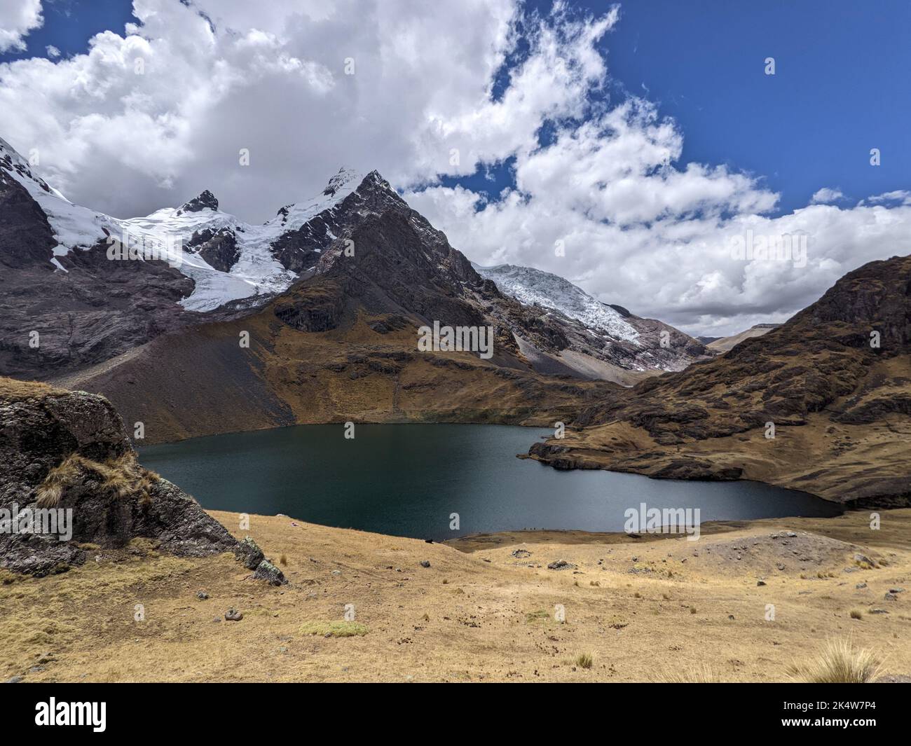 A scenic view of the rocky Cordillera Huayhuash hiking circuit with its ...