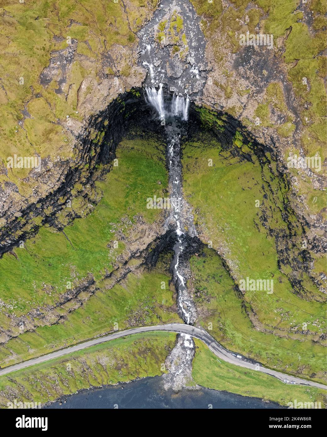 An aerial view of the Fossa Waterfall in the Faroe Islands Stock Photo ...