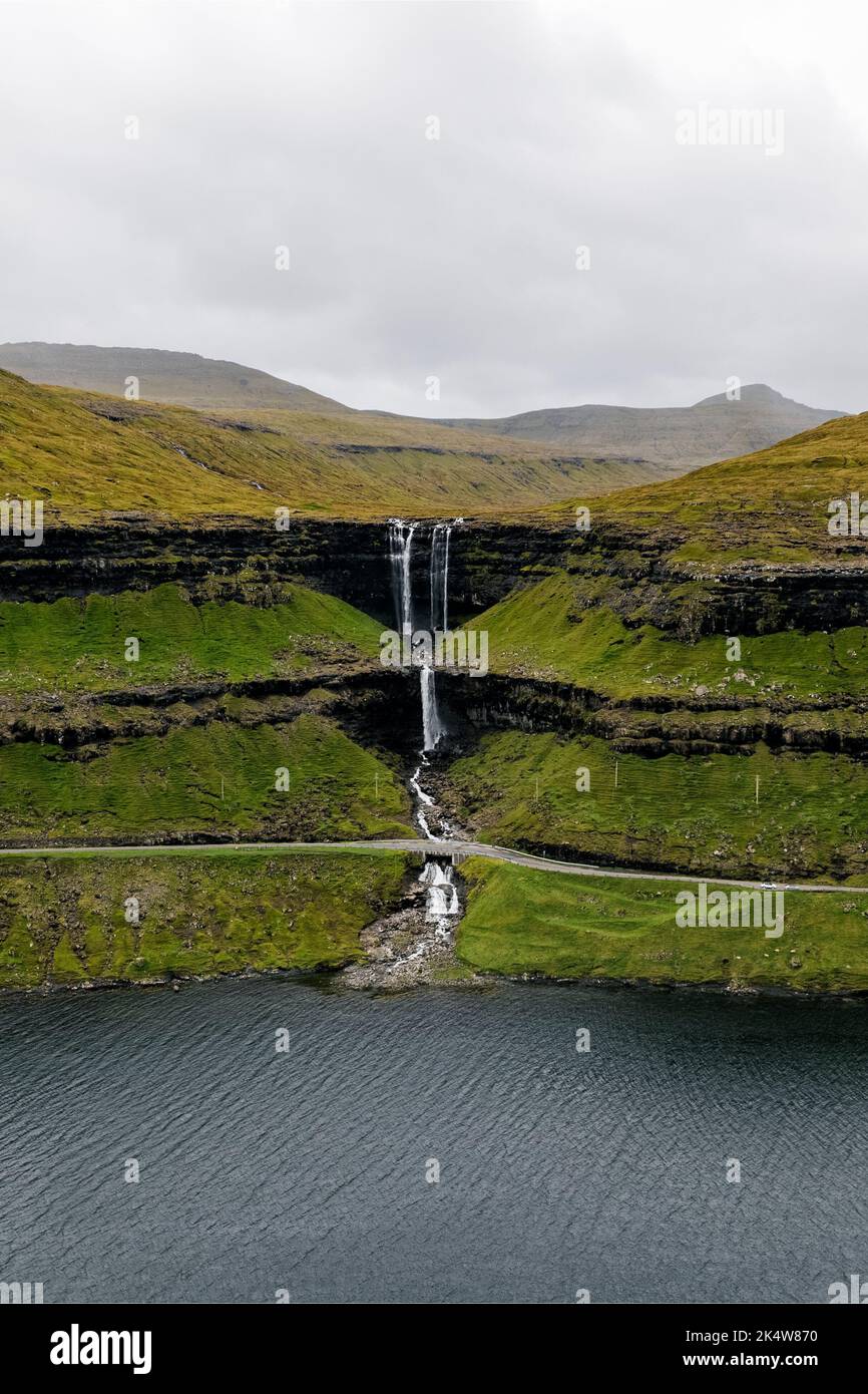 An aerial view of the Fossa Waterfall in the Faroe Islands Stock Photo ...