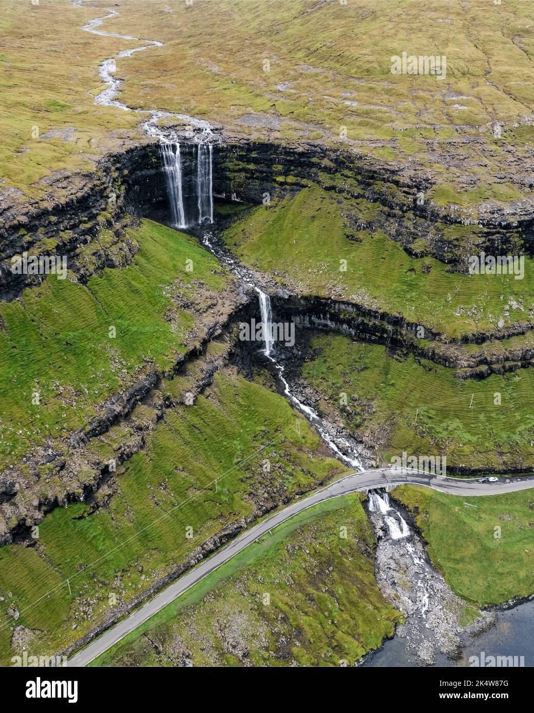 An aerial view of the Fossa Waterfall in the Faroe Islands Stock Photo ...