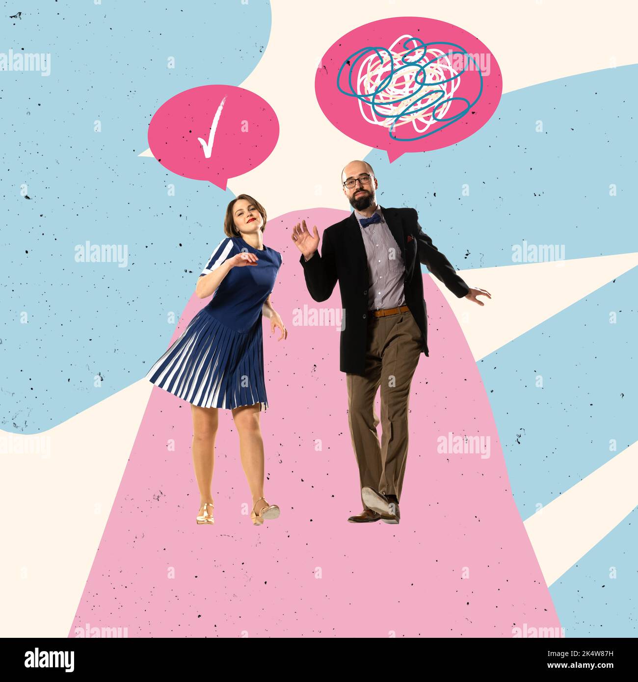 Pop art collage of dancing woman and man. Party invitation or vintage ...