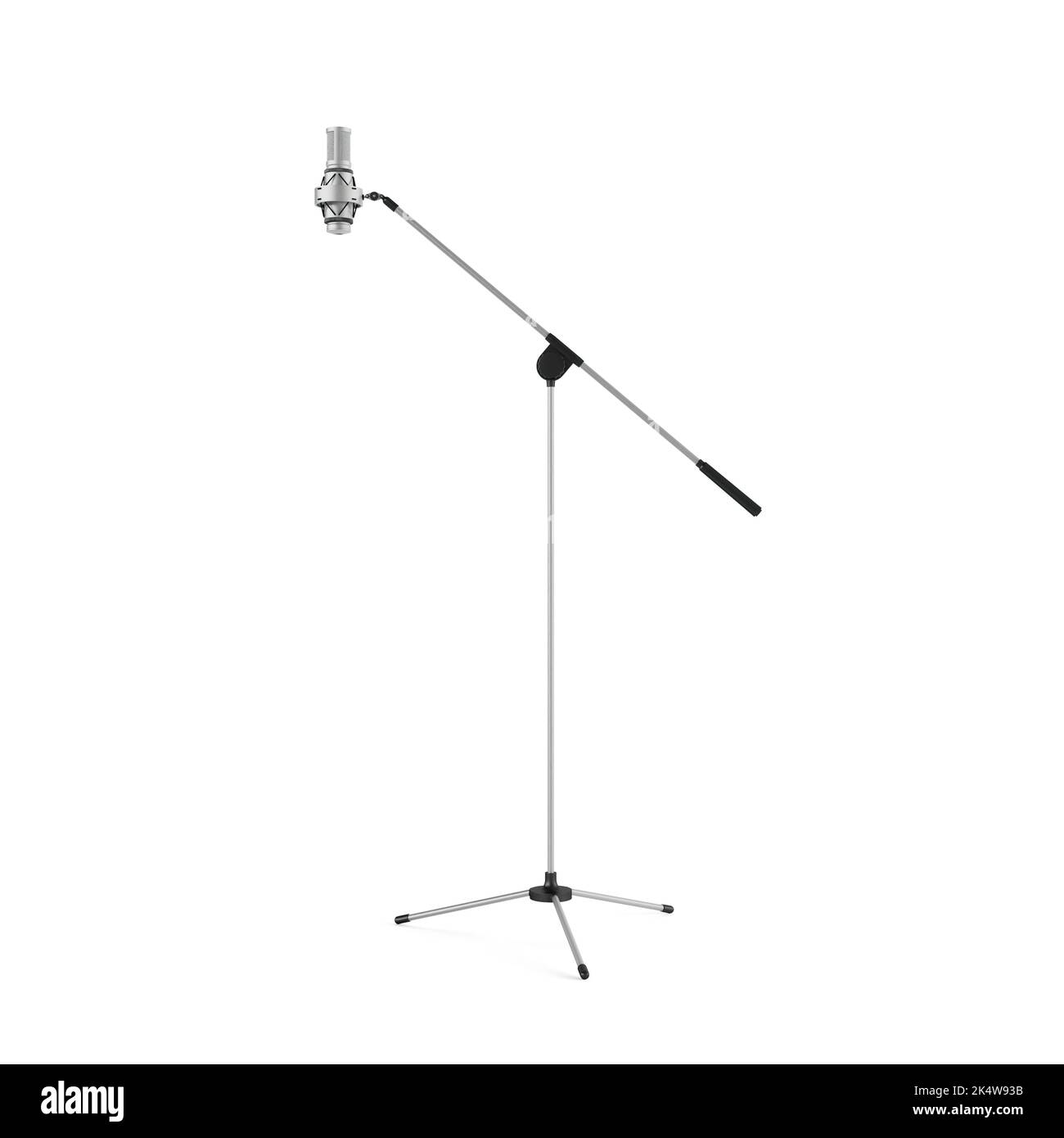 A silver modern microphone fixed on a stand on a white background Stock ...