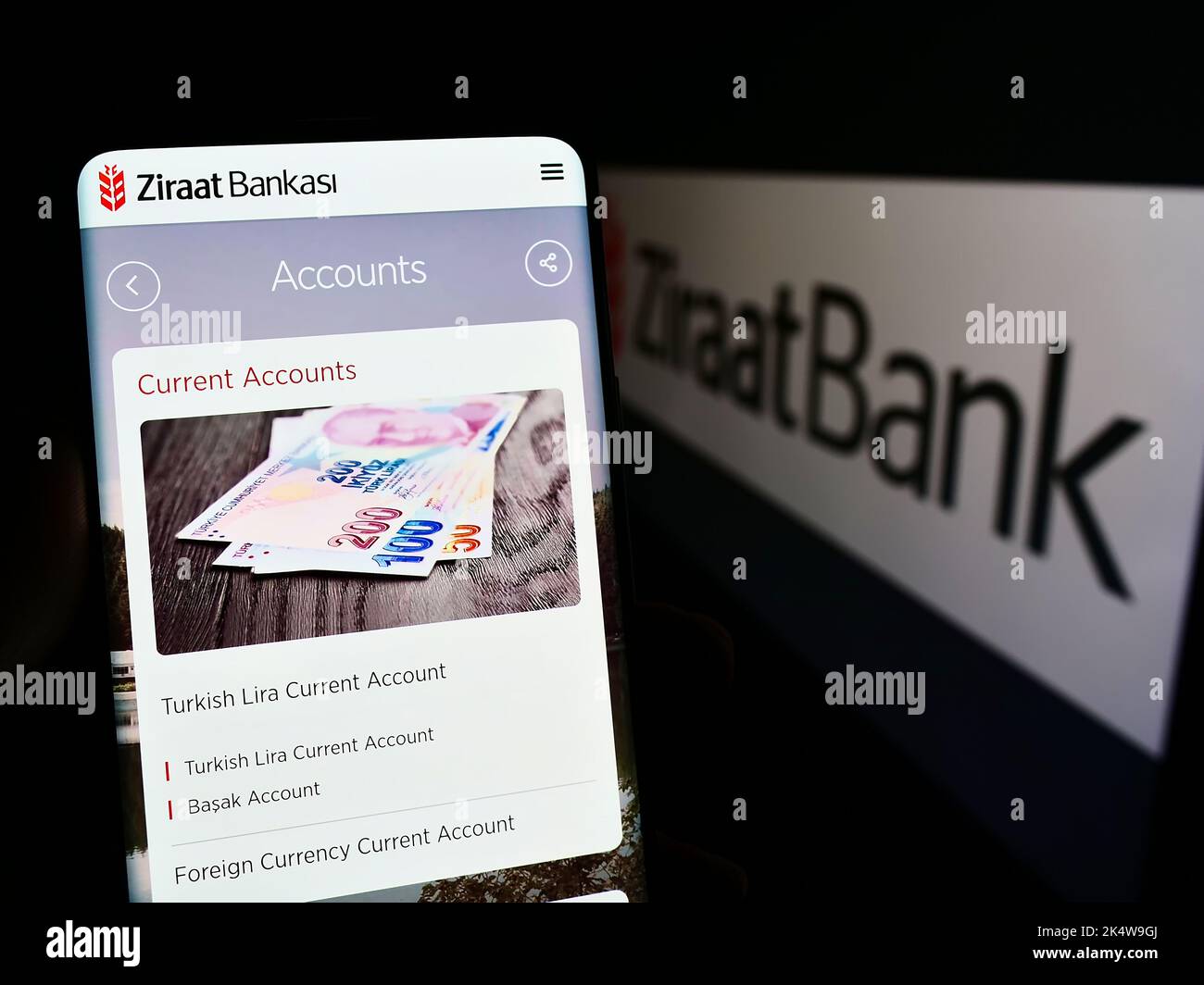 Person holding cellphone with webpage of Turkish financial services ...