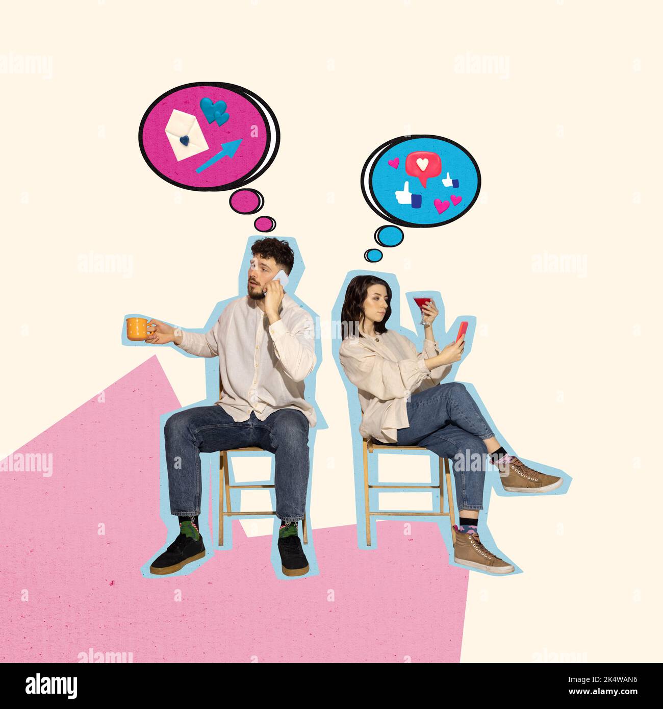 Contemporary art collage of couple thinking about love and heart ...