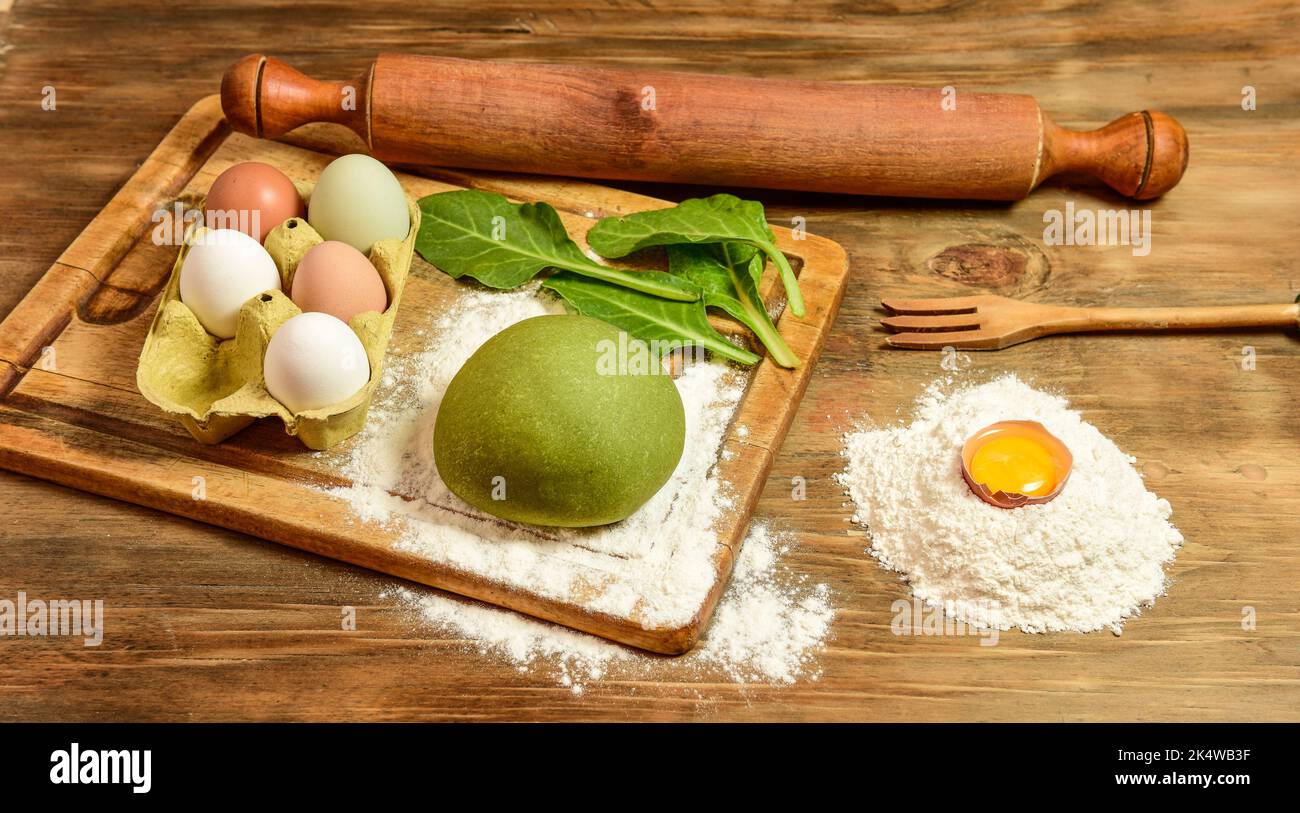 Ingredients ready on the counter to make pasta Stock Photo - Alamy